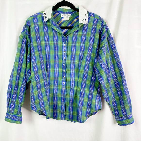 Vintage | Tops | Vintage Blue Green Plaid Button Up Shirt White Lace Peter Pan Collar Med | Poshmark